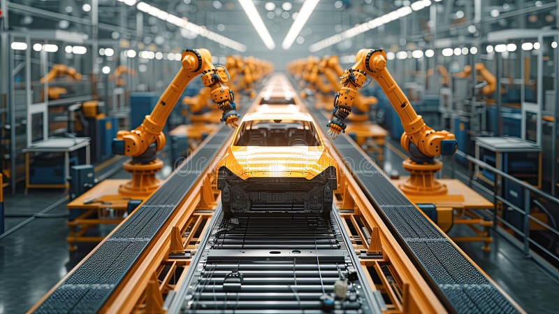 3d Render of Automatic Car Production Line with Robotic Arms Welding ...