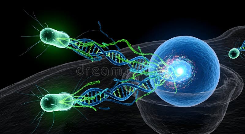 3D Render of Bacteria and DNA Interacting with a Cell Stock ...