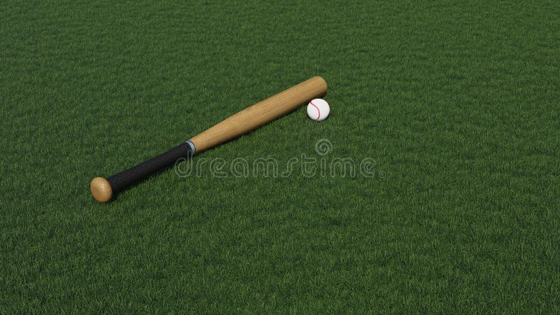 3D Render - a Ball and a Baseball Bat Lie on a Green Lawn Stock ...