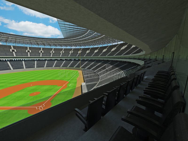 3D Render of Baseball Stadium with Black Seats and VIP Boxes Stock ...