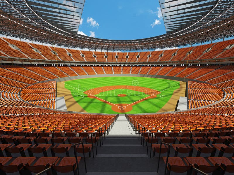 3D Render of Baseball Stadium with Orange Seats and VIP Boxes Stock ...