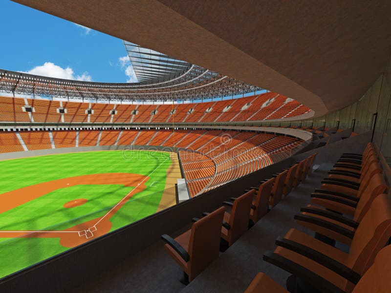 3D Render of Baseball Stadium with Orange Seats and VIP Boxes Stock ...