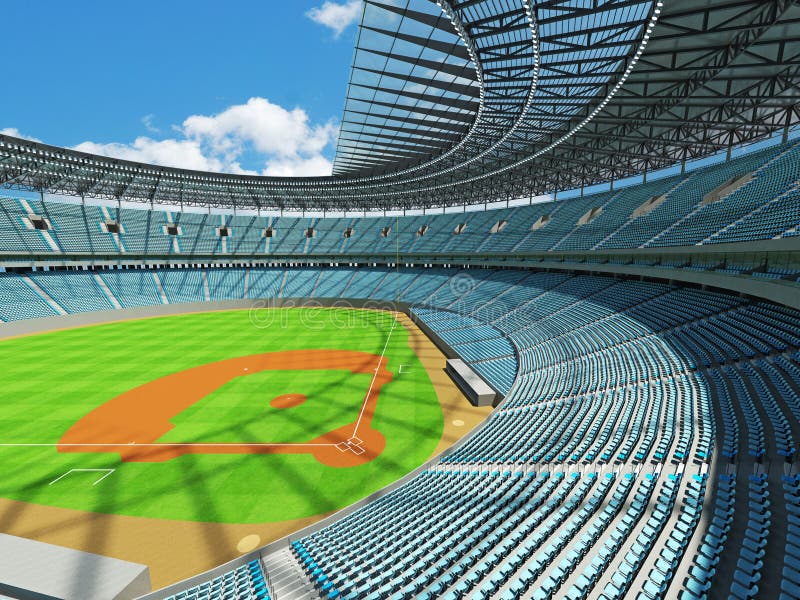 3D Render of Baseball Stadium with Sky Blue Seats and VIP Boxes Stock ...