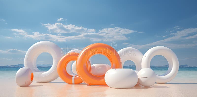 3d Render of a Beach with White and Orange Inflatable Pool Floats ...