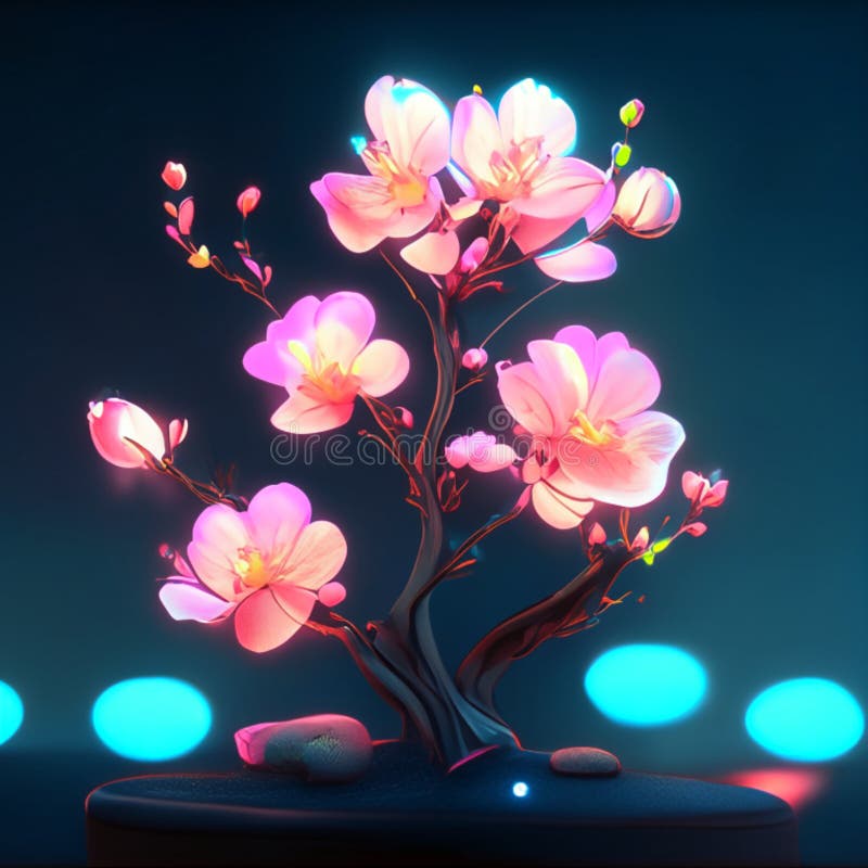 3D Render of a Beautiful Cherry Blossom Tree in Neon Light Generative ...