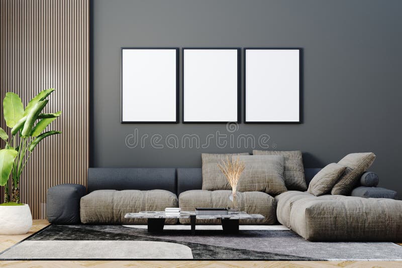 3d Render Beautiful Interior Design, Mock with Empty Frame Stock ...