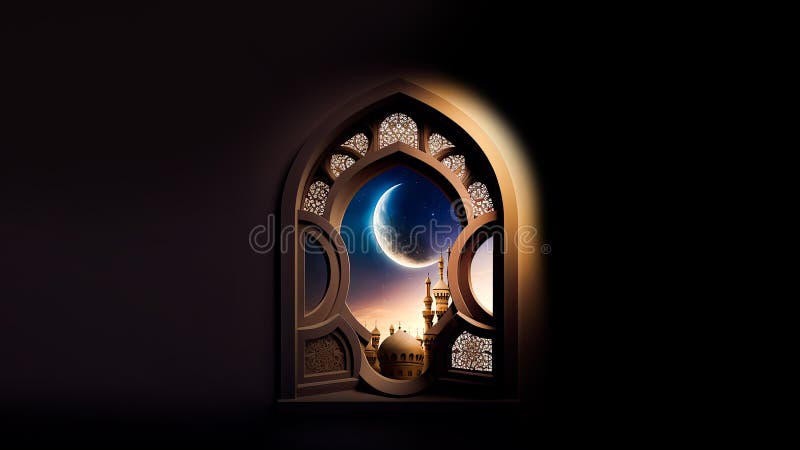 3D Render of Beautiful Mosque with Realistic Crescent Moon Inside ...