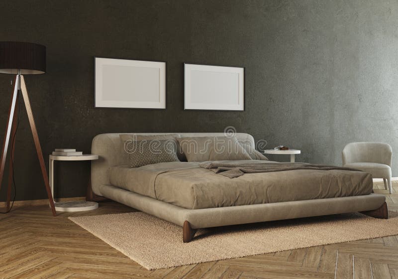 3d Render of Bedroom with Dark Plaster Wall Stock Illustration ...