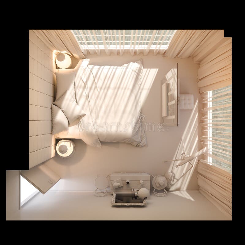 3d Render of Bedroom Interior Design in Top View Stock Illustration ...