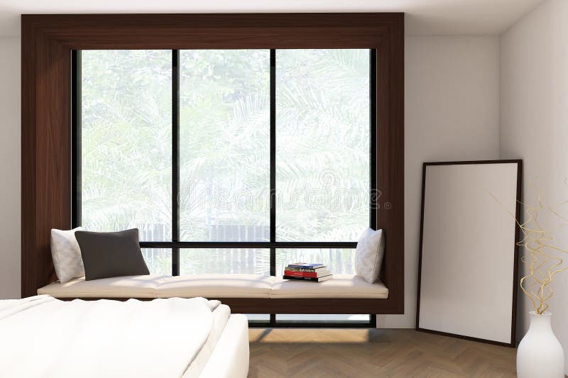 3d Render of Bedroom Side the Window with Cream Daybed, Decoration and ...