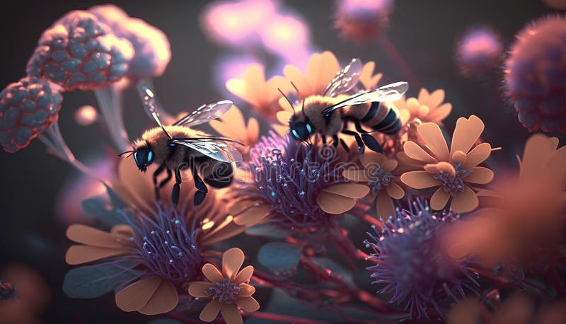 3d Render of Bees Collecting Pollen from Flowers in the Meadow Stock Illustration - Illustration ...