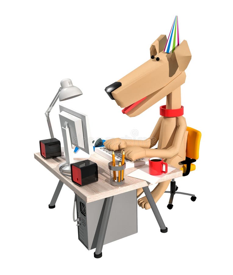 3d Render Beige Cute Dog Running on Computer Stock Illustration ...