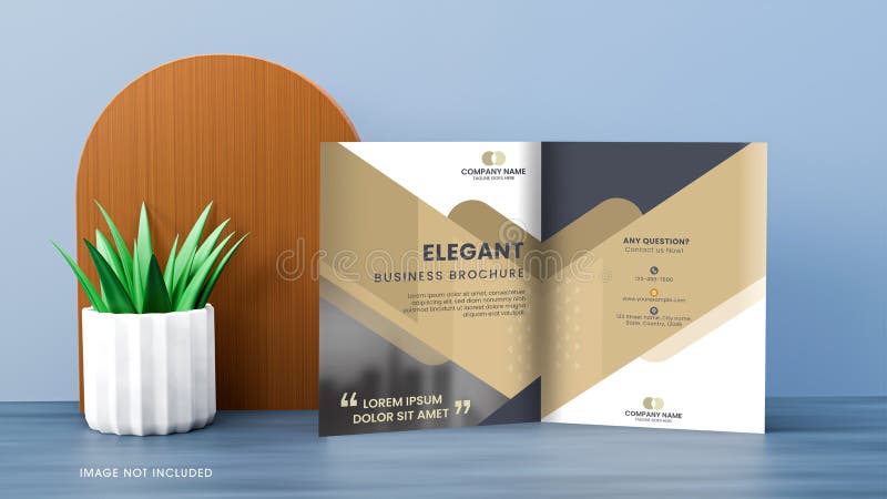 3D Render Bi Fold Brochure Template Layout with Plant Pot and Plank ...
