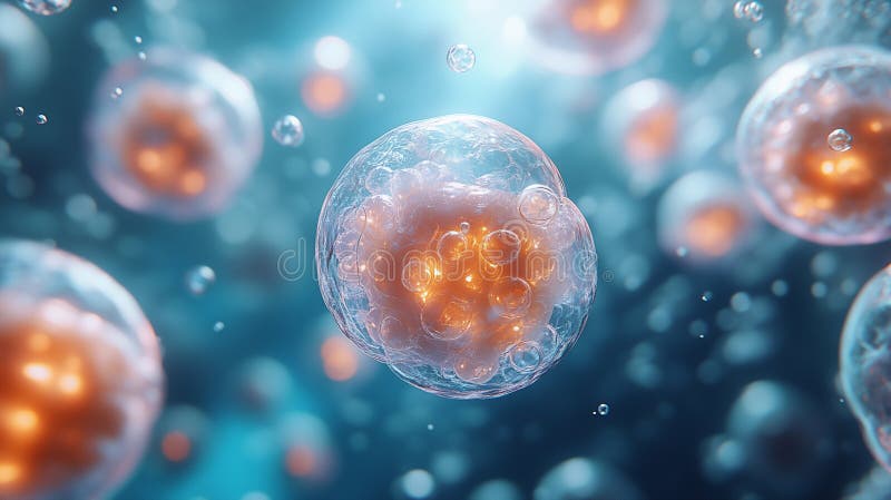 3D Render of Biological Cells Floating in a Blue Fluid, Highlighting ...