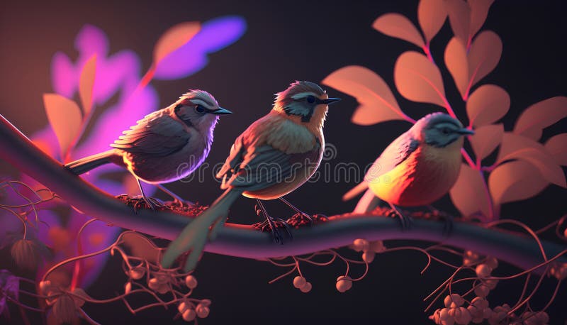3d Render of Birds Sitting on a Branch in the Forest. Stock ...