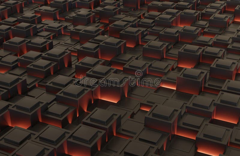 3D Render Black Abstract Square Different Height with Red Light from ...