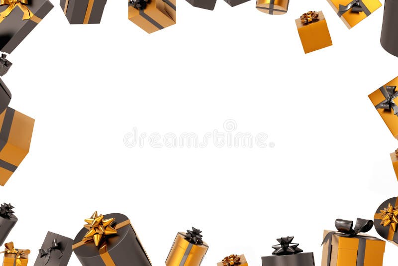3d Render. Black and Gold Gifts Boxes Arranged in Frame Isolated on ...