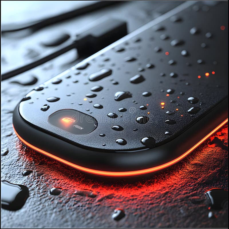 3D Render of a Black Oval Object with Water Drops and Glowing Orange ...