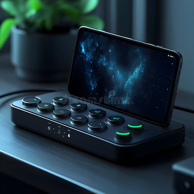 3D Render of a Black Smartphone on a Black Gaming Controller Stock ...