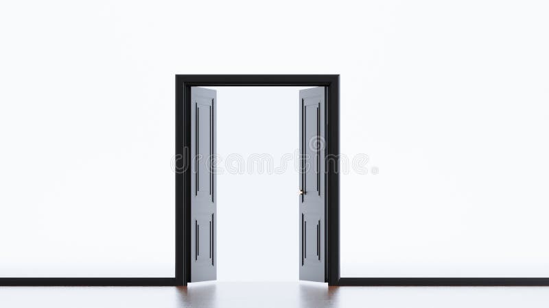 Black Wooden Open Door in White Wall Background Stock Illustration ...