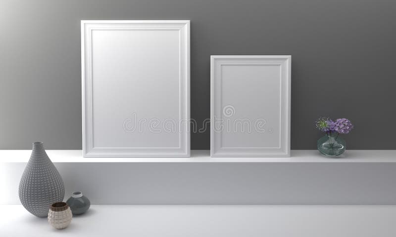3d Render of Blank Frames on a Shelf with Some Decoratives Stock ...