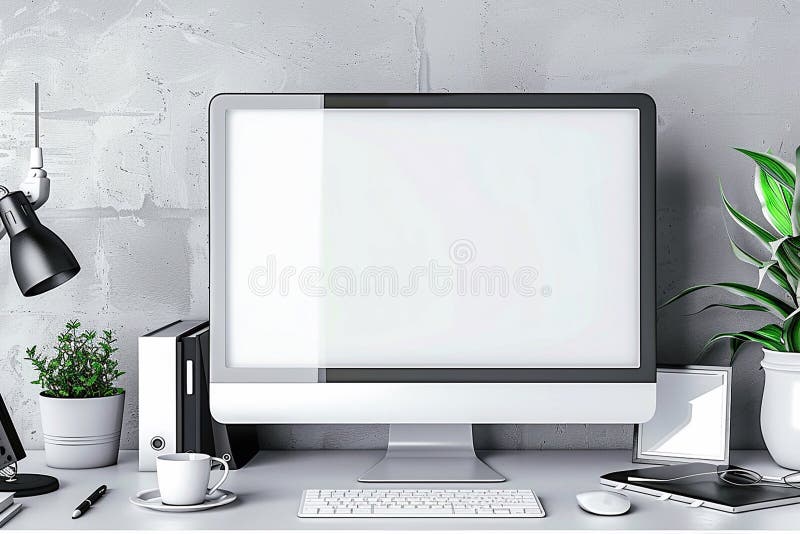 3D Render Blank Monitor Screen with Modern Workplace with Comfortable ...