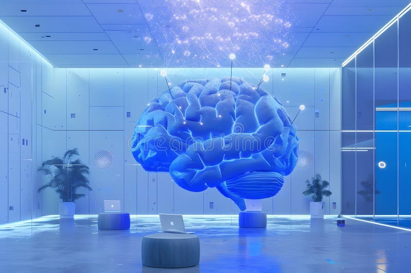 3D Render of Blue Brain with Digital Connections in Office - AI ...