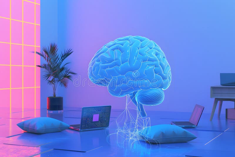 3D Render of Blue Brain with Digital Connections in Office Room - AI ...