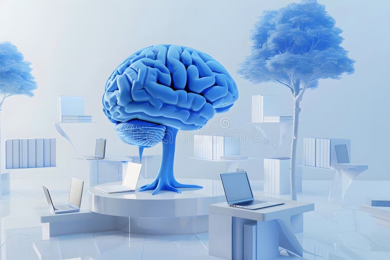 3D Render of Blue Brain and Tree Connected To Laptops in Futuristic ...
