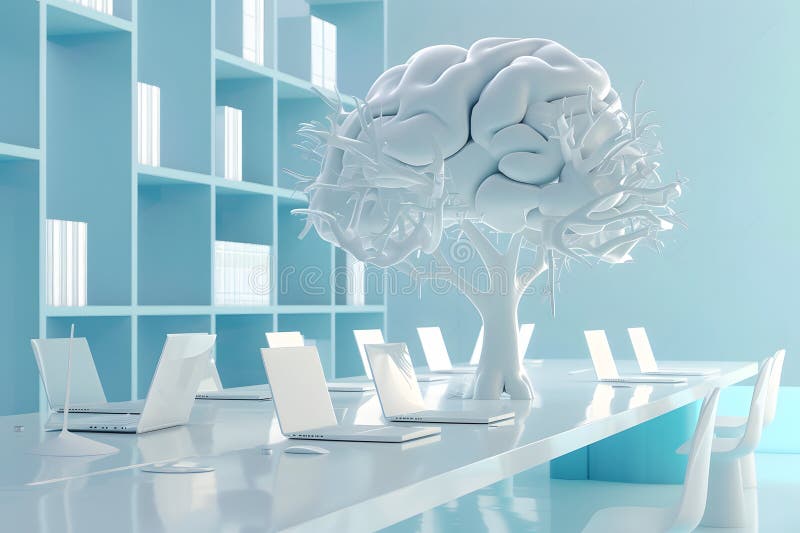 3D Render of Blue Brain with Tree Shape in Futuristic Office - AI ...