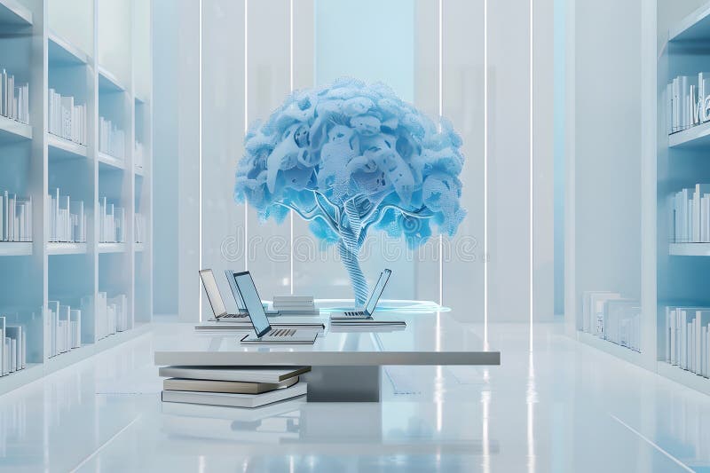 3D Render of Blue Brain Connected To Laptops in Futuristic Office - AI ...