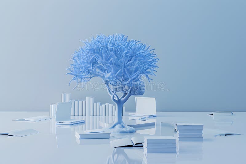 3D Render of Blue Brain with Tree Shape and Laptops in Futuristic ...