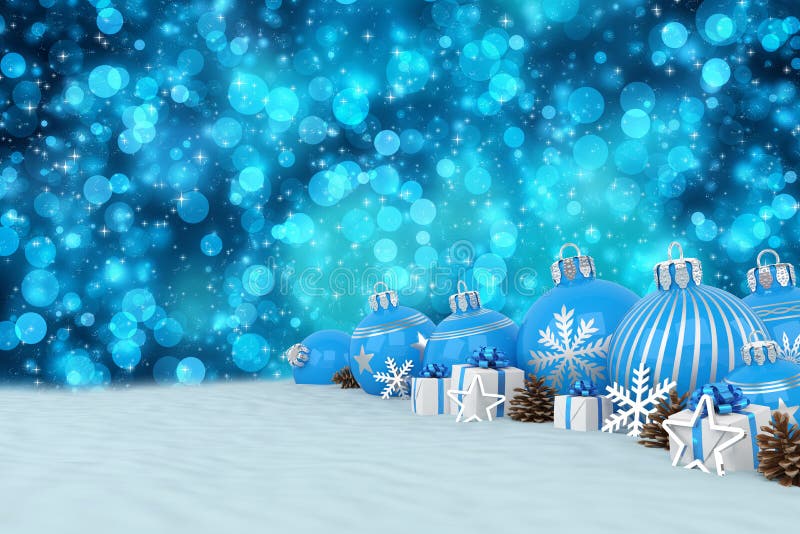 3d Render - Blue Christmas Baubles Over Bokeh Background Stock ...