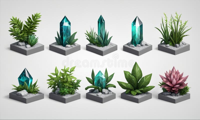 Collection of 3D Rendered Blue Crystals and Greenery on Square Bases ...