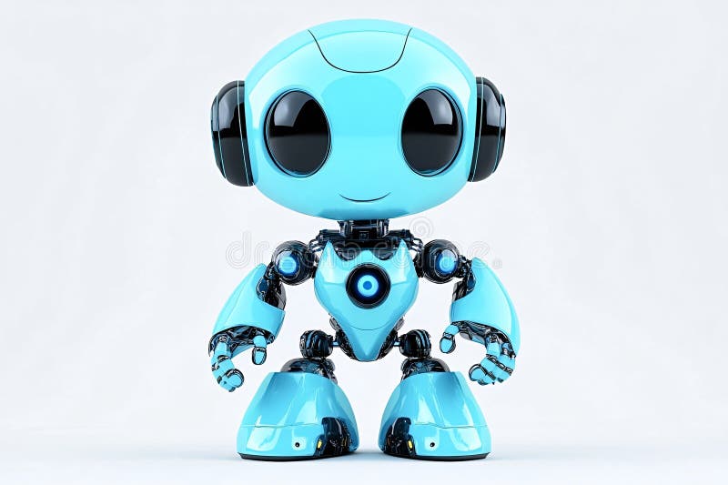 Blue Friendly Robot Standing and Looking Forward on White Background ...