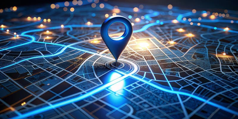 3D Render of a Blue Pin on a City Map with Glowing Lights, 3D Render ...