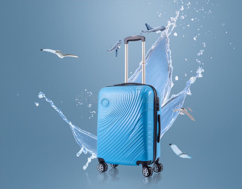3D Render, Blue Suitcase with Water Splash and Travel Summer Elements ...