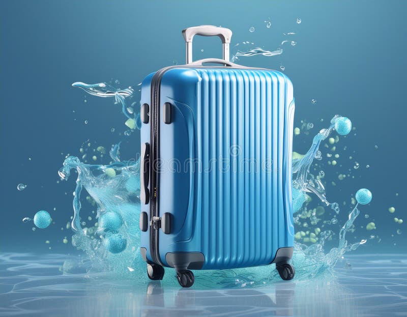 3D Render, Blue Suitcase with Water Splash and Travel Summer Elements ...