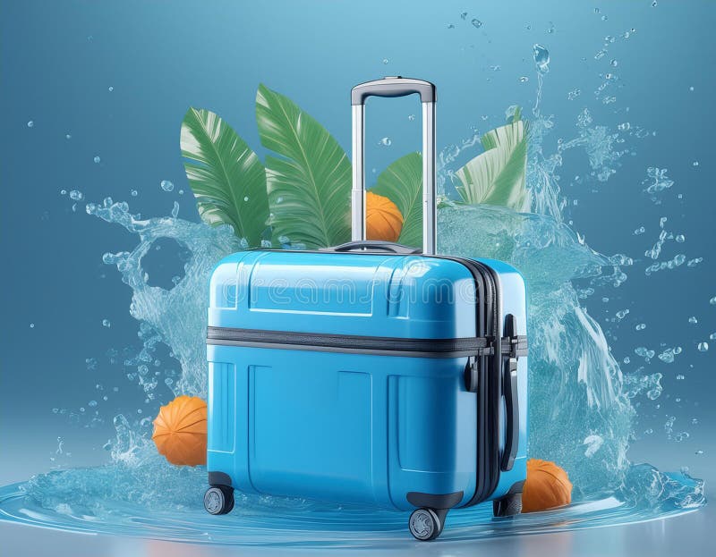 3D Render, Blue Suitcase with Water Splash and Travel Summer Elements ...