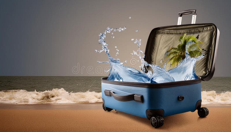 3D Render, Blue Suitcase with Water Splash and Travel Summer Elements ...