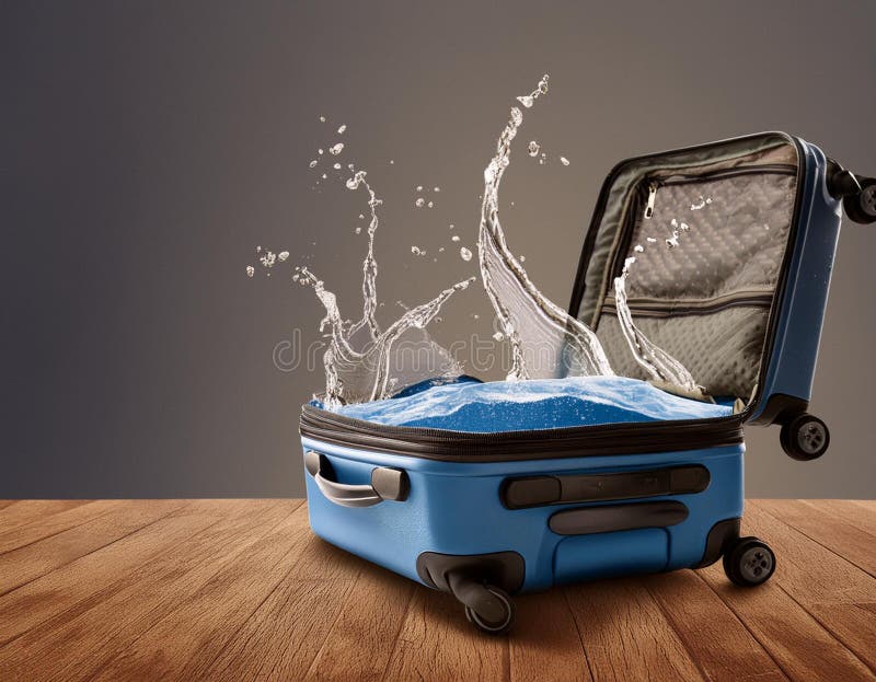 3D Render, Blue Suitcase with Water Splash and Travel Summer Elements ...