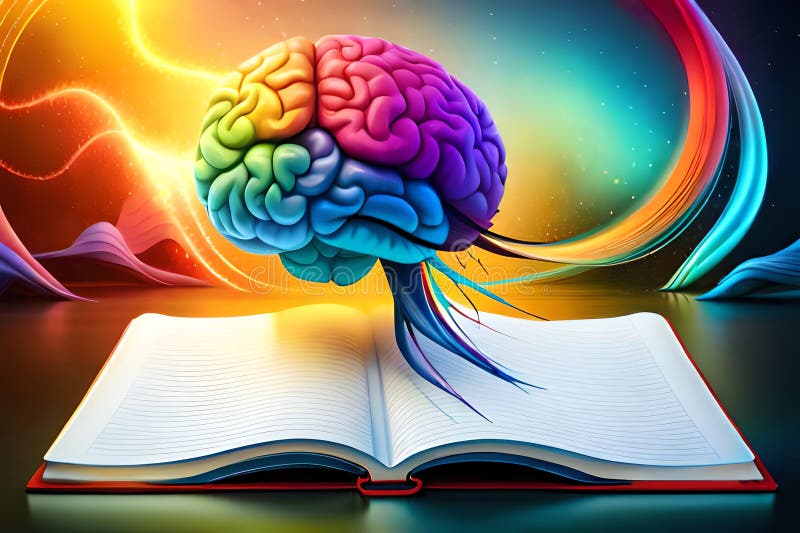 3D Render Book and Colorful Brain Splash Brainstorm and Inspire Concept ...