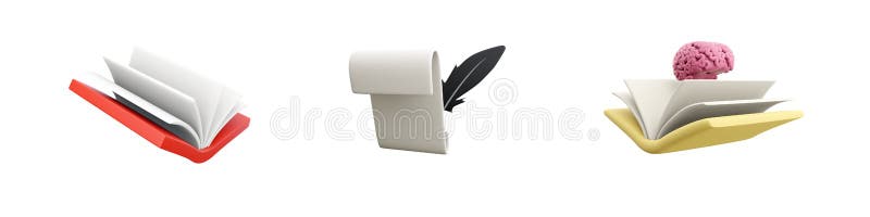 3d Render Book, Paper Roll, Brain on Folder Icon Set on White ...