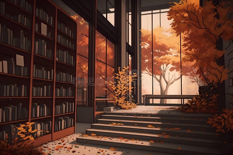 3d Render of Bookshelf with Autumn Leaves in the Library Stock ...