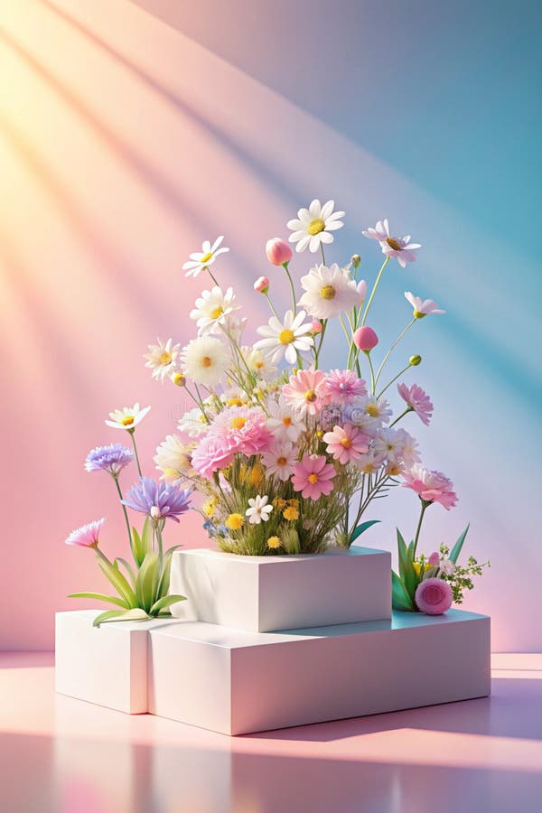 3D Render of a Box Podium with Spring Flowers. Bright Pastel Podium or ...