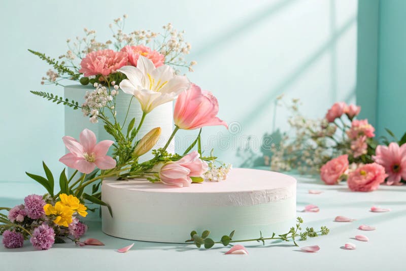 3D Render of Box Podium with Spring Flowers Stock Illustration ...