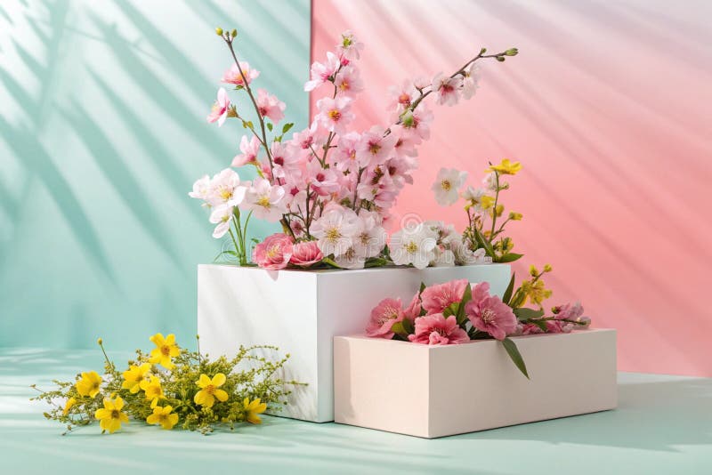 3D Render of Box Podium with Spring Flowers Stock Illustration ...