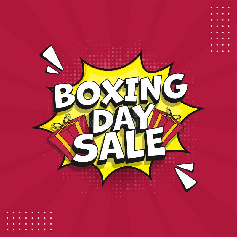 3D Render Boxing Day Sale Text with Gift Boxes Over Comic Starburst ...