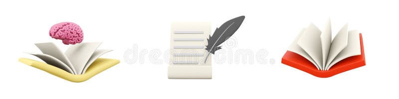 3d Render Brain on Folder, Paper Roll, Book Icon Set on White ...
