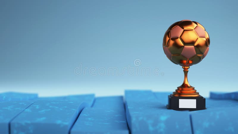 3D Render Bronze Football Trophy Cup Against Blue Foam Cube or Square ...